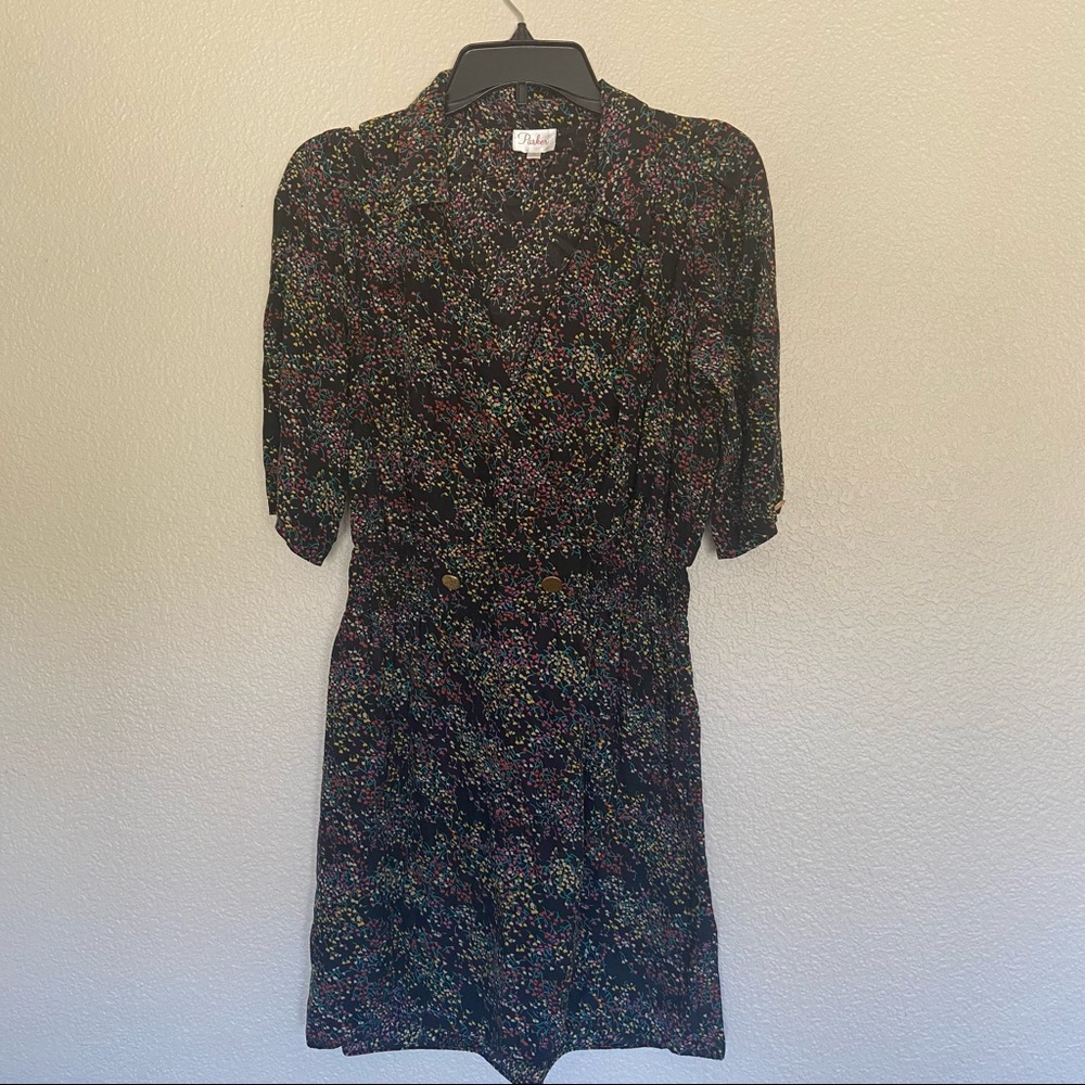 Parker Black Silk Floral Surplice Mini Dress, Small - Gem